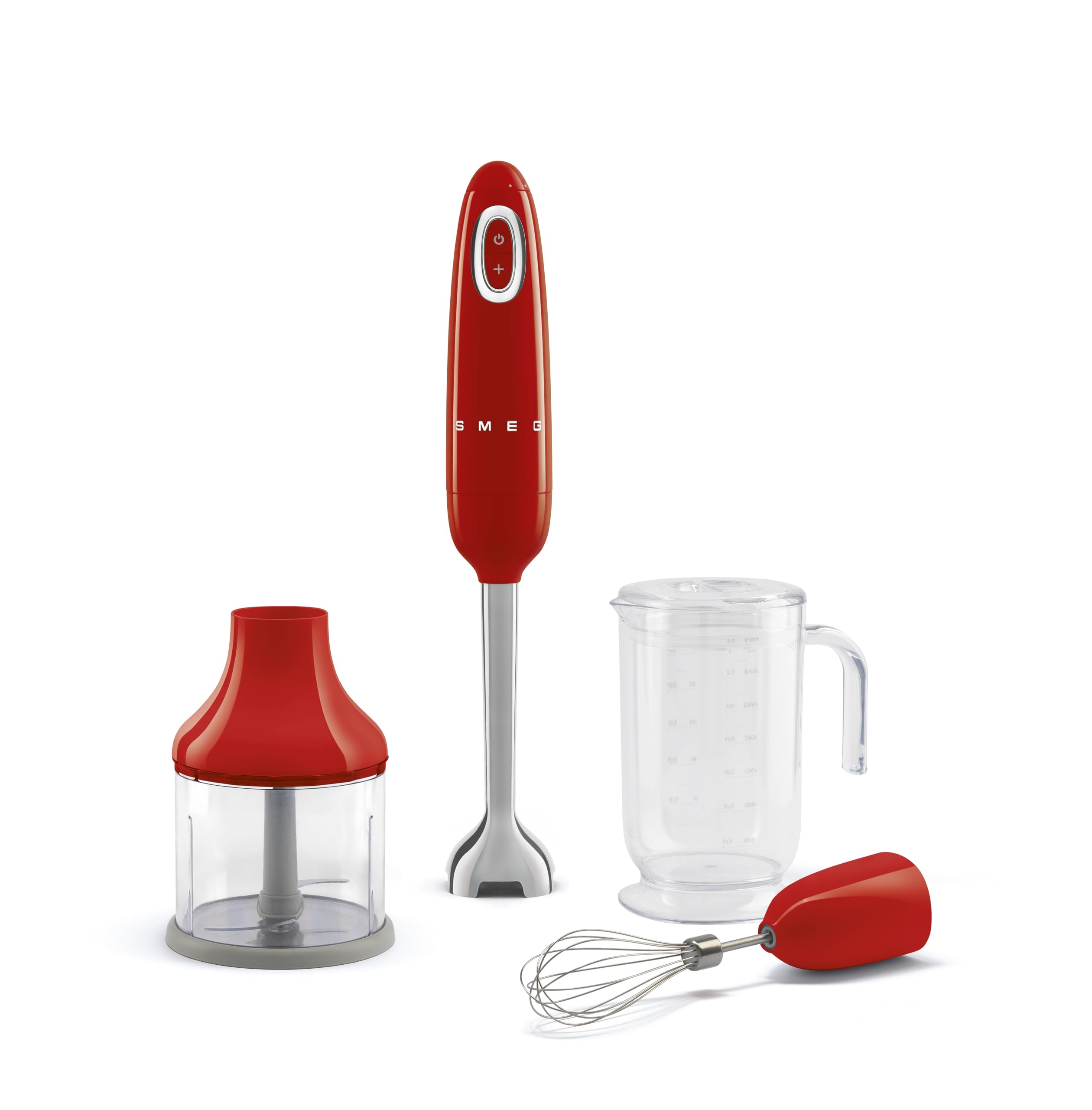 SMEG Handheld Immersion Blender with Beaker, Chopping Bowl w/Lid, Wire Whisk, 5 Speed Controls, made with Stainless Steel Blades and Ergonomic Design (Red)