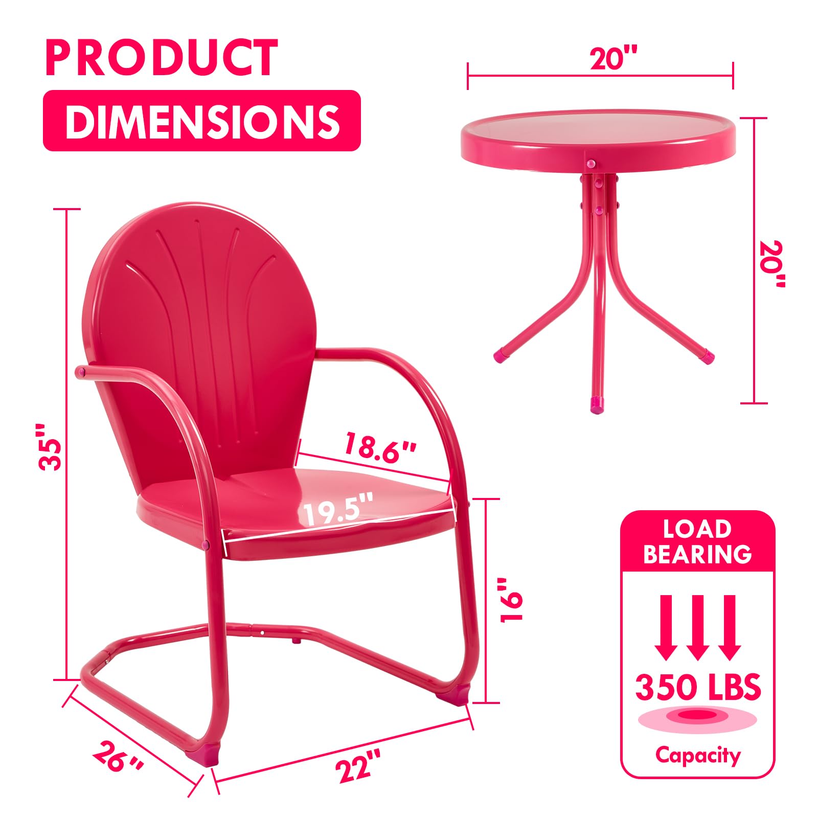 Marcytop Outdoor Bistro Set, 3 Pieces Retro Metal Porch Furniture Set, All-Weather Patio Bistro Set, 2 C-Spring Metal Chairs and Round Side Table for Porch, Garden, Lawn and Balcony, Rose