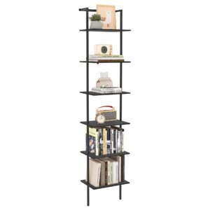 pobomuli 6-tier ladder shelf, 77 inches wall mounted ladder bookshelf with metal frame, wood tall open storage rack and display shelves for home office bedroom living room, black