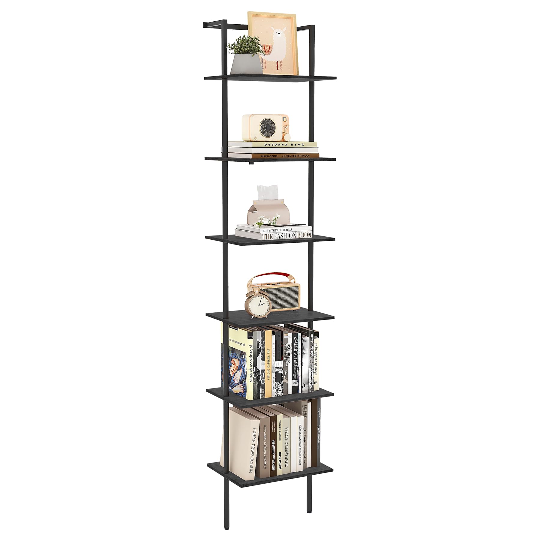 POBOMULI 6-Tier Ladder Shelf, 77 Inches Wall Mounted Ladder Bookshelf with Metal Frame, Wood Tall Open Storage Rack and Display Shelves for Home Office Bedroom Living Room, Black