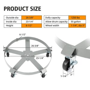 GarveeTech Drum Dolly - 67cm Outer Ring Diameter, 1250lbs Load Capacity, 55GAL, 3mm Plate Thickness, 3" Universal Wheels with Brakes