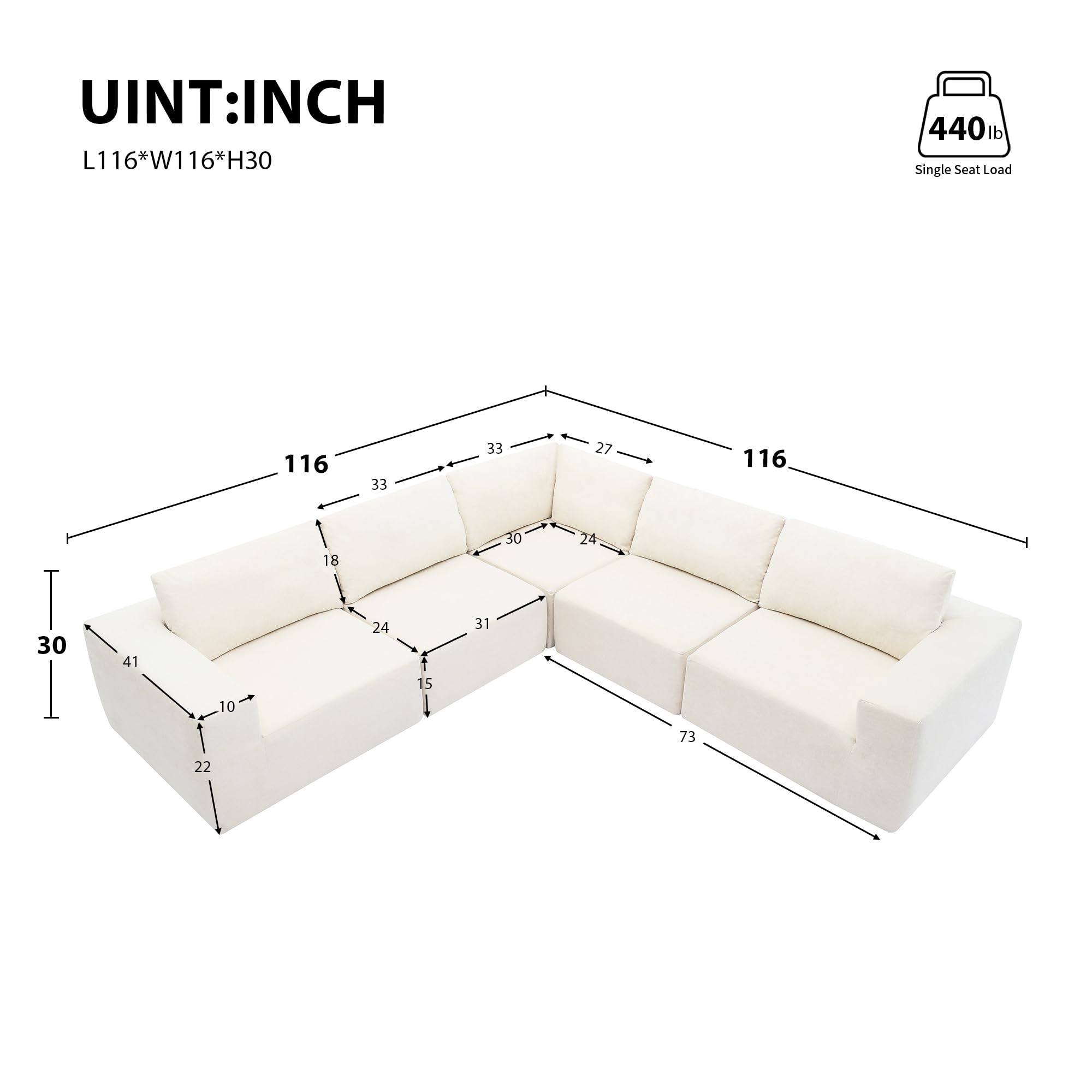 Ball & Cast 116" Luxury Upholstered Sectional Couch Set with Foam-Filled,L-Shaped Modular Reversible Sofa-Bed W/Free Combination,Modern Cozy Sleeper Furniture for Living Room Large Space,Beige