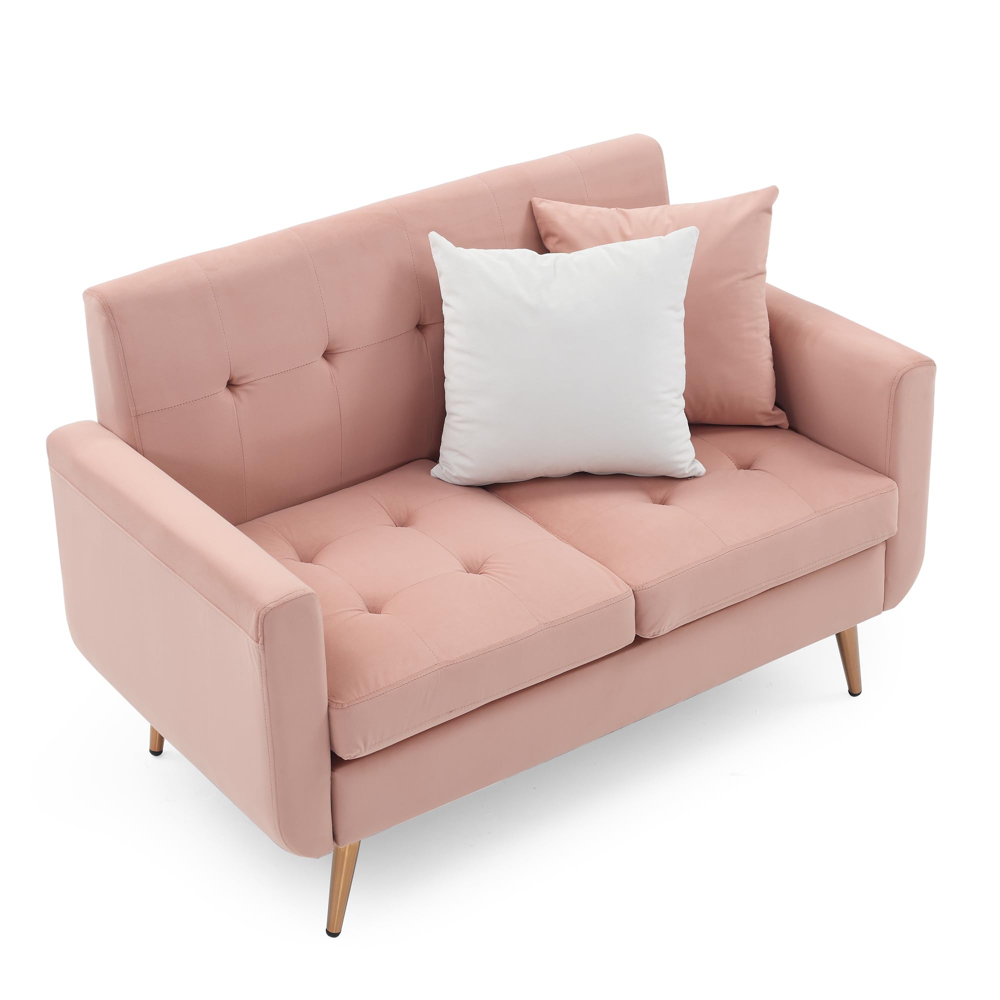 TZXTW Small Couches for Small Spaces, Modern Loveseat Sofa with Gold Iron Legs, Mid Century Decor Love Seat, Button Tufted Linen Fabric 2 Seat Sofa, for Living Room, Bedroom, Apartment, Office,Pink