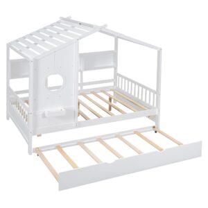 Full Size House Bed with Trundle for Kids,Full Kids Bed Frame with Storage Shelves,Wood House Bed Frame for Girls,Boys,Can be Decorated,White