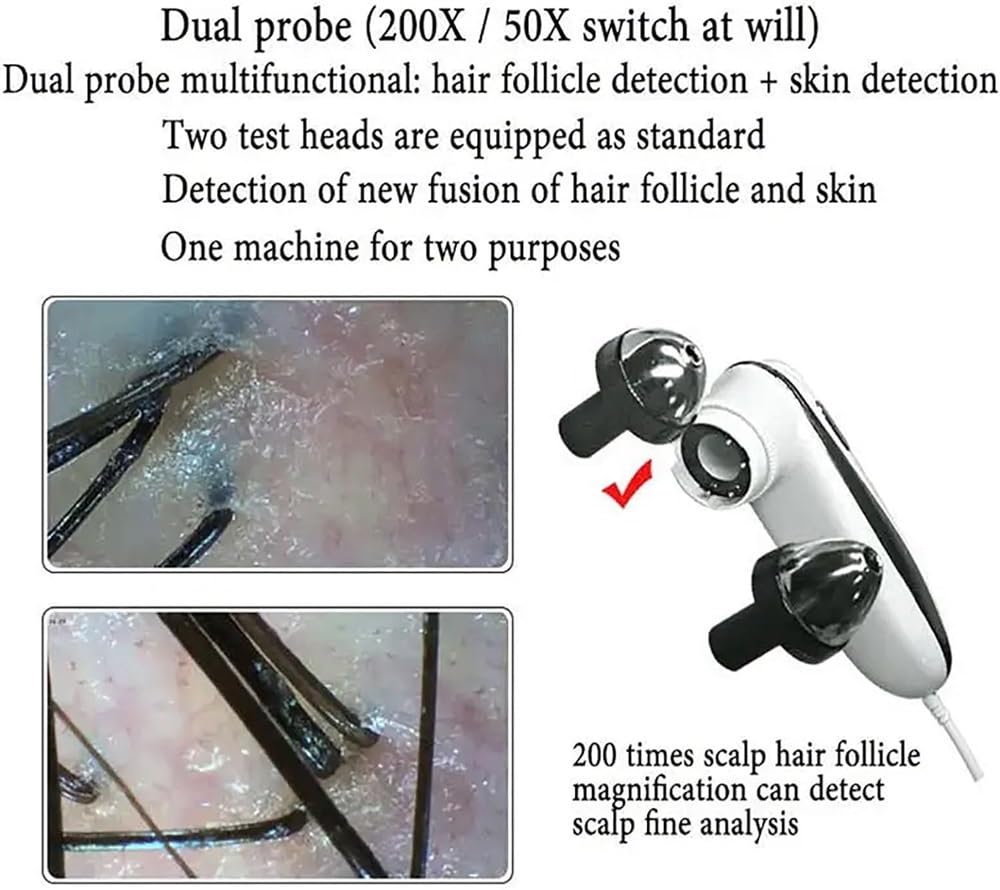 MAHWER USB WiFi Skin Diagnosis Hair Analyzer with 50X/200X Switch Freely Dual Probe, 4 Picture/Video Comparison, Scientific Analysis 1080P Skin Follicle Detector