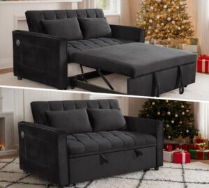 zkjolmn 3 in 1 convertible pull out couch bed, velvet sleeper sofa couch with pull out bed, loveseat sleeper with adjustable backrest, pull out sofa bed sleeper for living room (black)