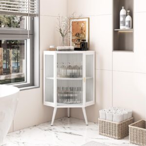 qmit corner cabinet table with glass doors, small metal corner storage table ，corner hutch cabinet for bathroom, living room, bedroom kitchen (white—2 tier)