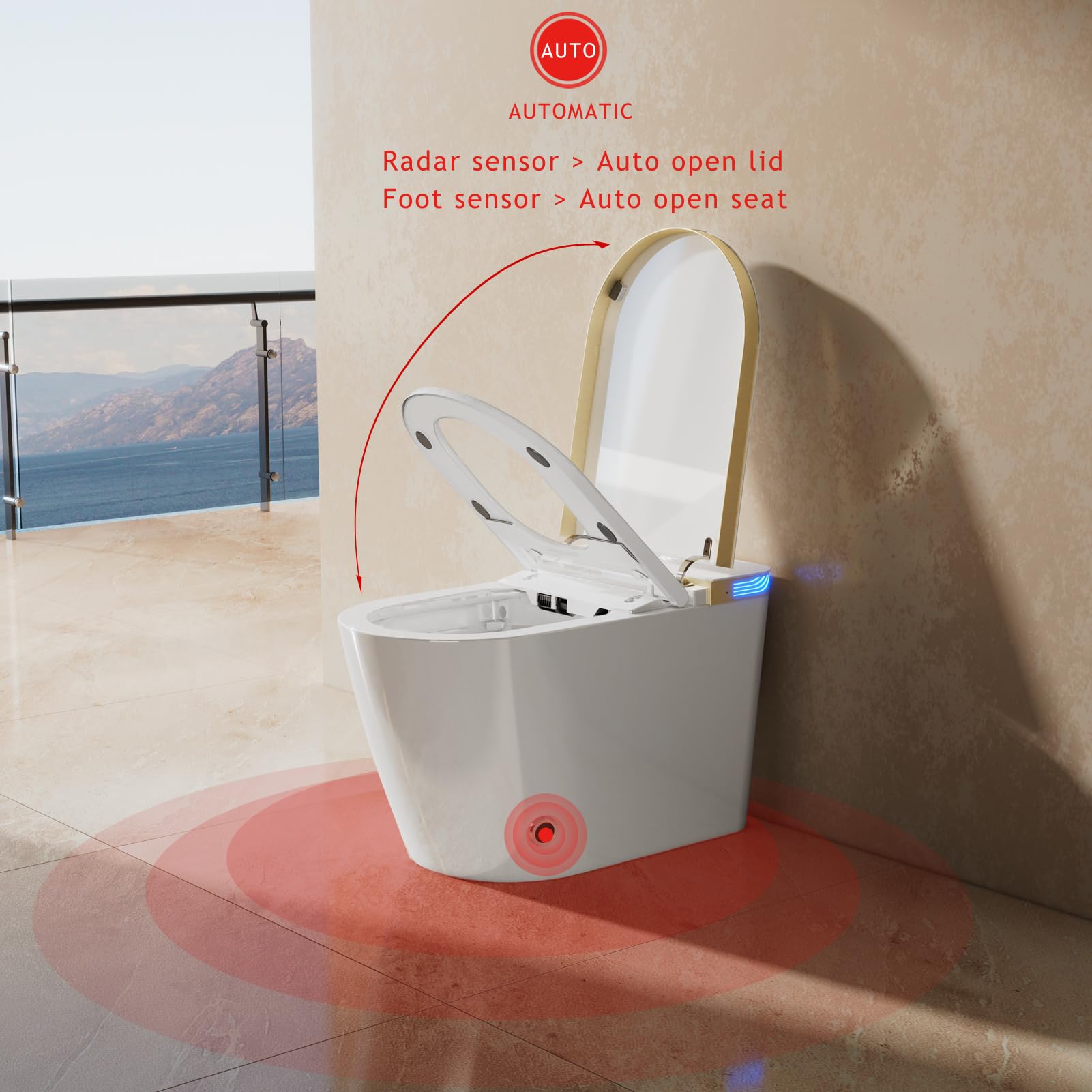 Intelligent Smart Toilet with Auto Open/Close Lid, Automatic Tankless Toilet with Bidet Built In, One Piece Toilet with Foot Sensor Operation for Modern Bathrooms, Remote Control