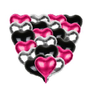 mefuny 18pcs 18 inch hot pink black silver heart shape foil balloons for valentine wedding bridal shower party graduation decoration