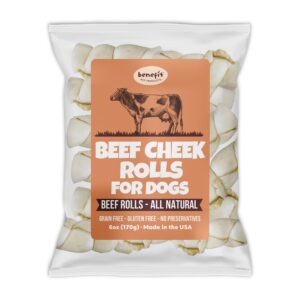 benefit pet products beef cheek rolls for dogs - natural long lasting dog chews, 5 to 6 inch, safe & odor free, medium dog bone - 4 pack