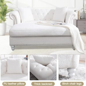 TINGMAMADEHUA Chesterfield Chaise Lounge Indoor, Tufted Upholstery Sofa Bed, with Two Pillows, Sleeper Chair 62.99in for Bedrooms & Living Rooms (White)