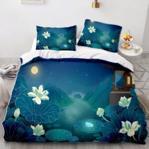 cbqhty floral duvet cover set, water lily floating romantic lotus print duvet cover set,fantasy pond bedding set,3 piece with 2 pillow shams，no filling,for women and mom (full,2)