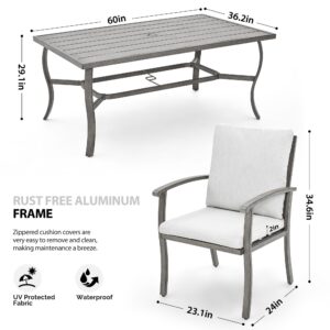 HAPPATIO 7 Piece Patio Dining Set, Aluminum Outdoor Dining Set for 6, Aluminum Dining Table and Chairs Set, Patio Dining Furniture with Aluminum Table, Chairs and Washable Cushions (Gray)