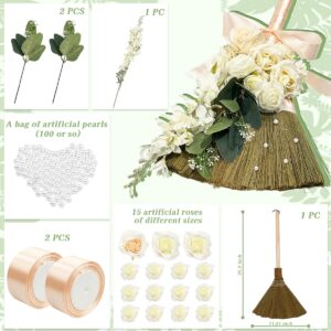 Bride and Groom Wedding Broom Jumping Ceremony,DIY Wedding Broom,Wedding Decoration Jumping Broom with Ribbon Artificial Pearls Rose Delphinium Leaves Eucalyptus,Wedding Decoration Crafts