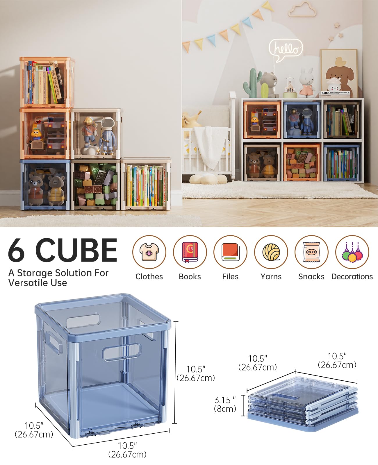 HAIXIN Storage Cube with Lid - Stackable Storage Bins Foldable Storage Box with Built-in Handles Plastic Toys Organizer Clear Storage Container for Playroom Classroom (Blue, 10.5 inch)