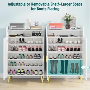 Shoe Storage Cabinet with Doors, 7-Tier Shoe Cabinet for Entryway with Sensor LED Light, Freestanding Shoes Storage Organizer with Adjustable Shelves and Open Storage for Hallway, Living Room, White