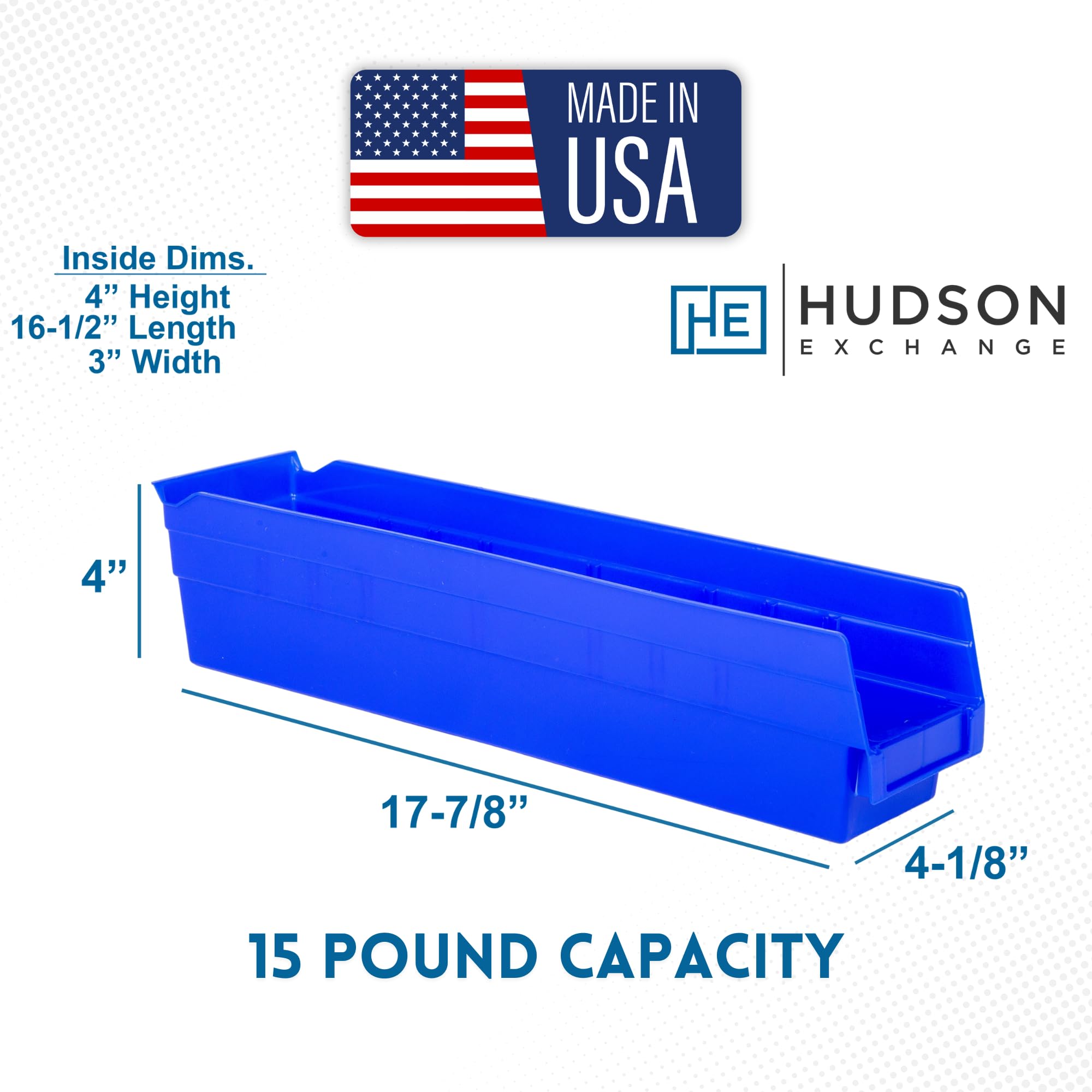 Hudson Exchange 18 x 4 x 4" Plastic Nesting Storage 18” Shelf Bin Container - 15 lb Capacity (Blue)