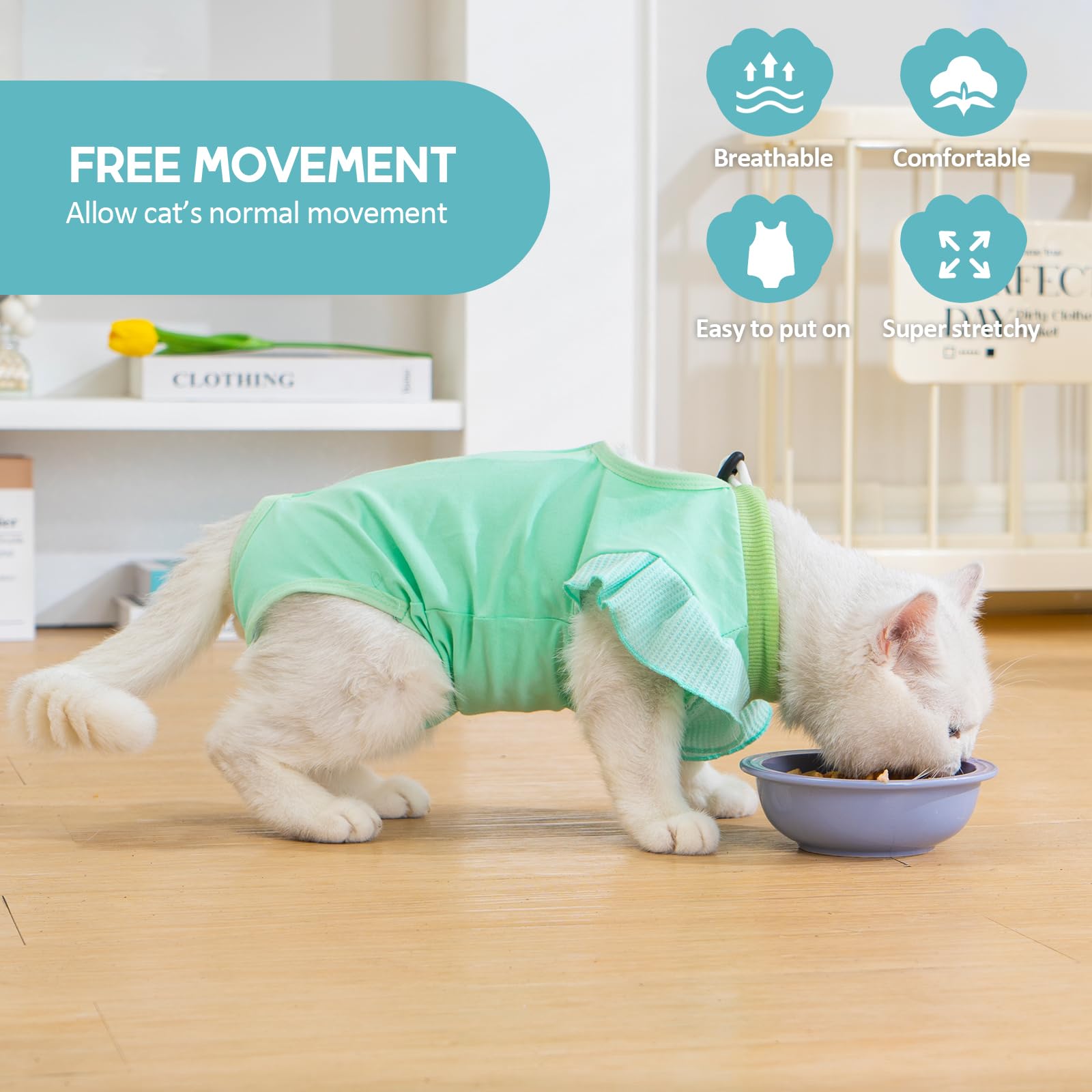 Avont Cat Recovery Suit - Post-Surgery Onesie for Cats, Alternative to Cone of Shame, Protective Spay Suit for Female Kitten, Ideal for Healing and Skin Conditions -Mintgreen(M)