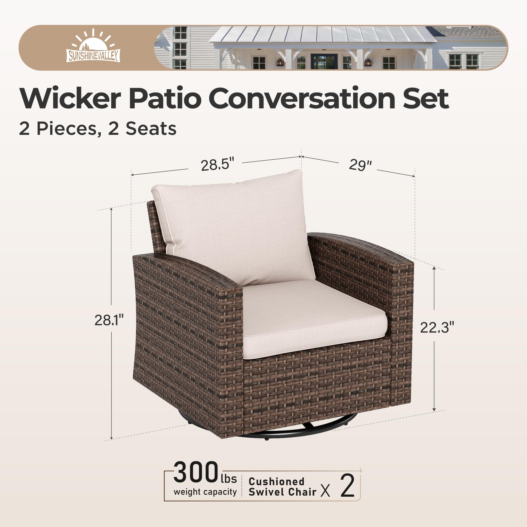 SUNSHINE VALLEY 2 Pieces Swivel & Glider Chair, Outdoor Patio Conversation Set with Brown Premium Wicker Rattan and 4" Thick Cushions for Garden,Lawn, Backyard,Beige