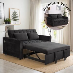 ZKJOLMN 3 in 1 Convertible Pull Out Couch Bed, Velvet Sleeper Sofa Couch with Pull Out Bed, Loveseat Sleeper with Adjustable Backrest, Pull Out Sofa Bed Sleeper for Living Room (Black)