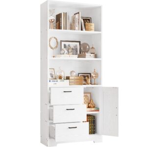 ironck bookshelf with door and 3 drawers, 71in tall bookcase shelf with 3-tier shelves, for bedroom living room entrance hallway home office