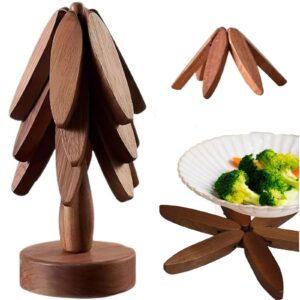 wooden tree coasters, wooden trivets for hot dishes,walnut tree shape table insulation mat set for hot pots and pans heat resistant pads for kitchen counter (walnut, m, 3 wooden trivet + 1 stand)