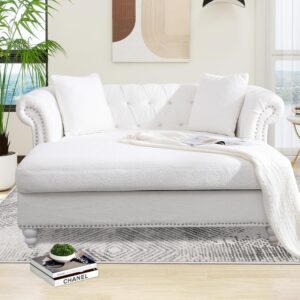 TINGMAMADEHUA Chesterfield Chaise Lounge Indoor, Tufted Upholstery Sofa Bed, with Two Pillows, Sleeper Chair 62.99in for Bedrooms & Living Rooms (White)