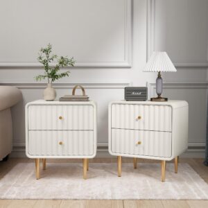 hlr modern nightstand set of 2, fluted bed side table with 2 drawers storage, wood end table with gold metal handle, white night stands for bedroom