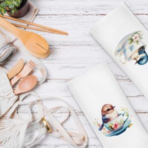 Pugwak Floral Birds Kitchen Dish Towels 16x24 Inch Set of 2, Bird Tea Cup Gift for Bird Lover, Cute Nature Birds Dish Towels, Flower Decorative Hand Towels Tea Towels for Kitchen Home