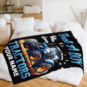 Custom Tractor Blanket for Boy with Name, 50 x 40 Inches Kids Blanket for Kids, Just A Boy Who Loves Tractors, Cozy Flannel Throw Blanket Gift, Soft Black Truck Throws for Couch Sofa Tractor Party