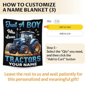 Custom Tractor Blanket for Boy with Name, 50 x 40 Inches Kids Blanket for Kids, Just A Boy Who Loves Tractors, Cozy Flannel Throw Blanket Gift, Soft Black Truck Throws for Couch Sofa Tractor Party