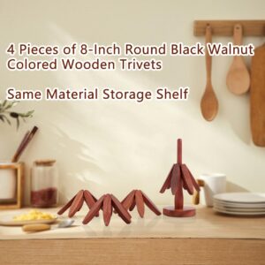 Set of 4 Wooden Trivets Foldable Heat Resistant Pots and Pans Hot Dishes Wooden Mat Kitchen Table Accessories 8" Diameter Like Christmas Tree Shape Set Coasters (Walnut)