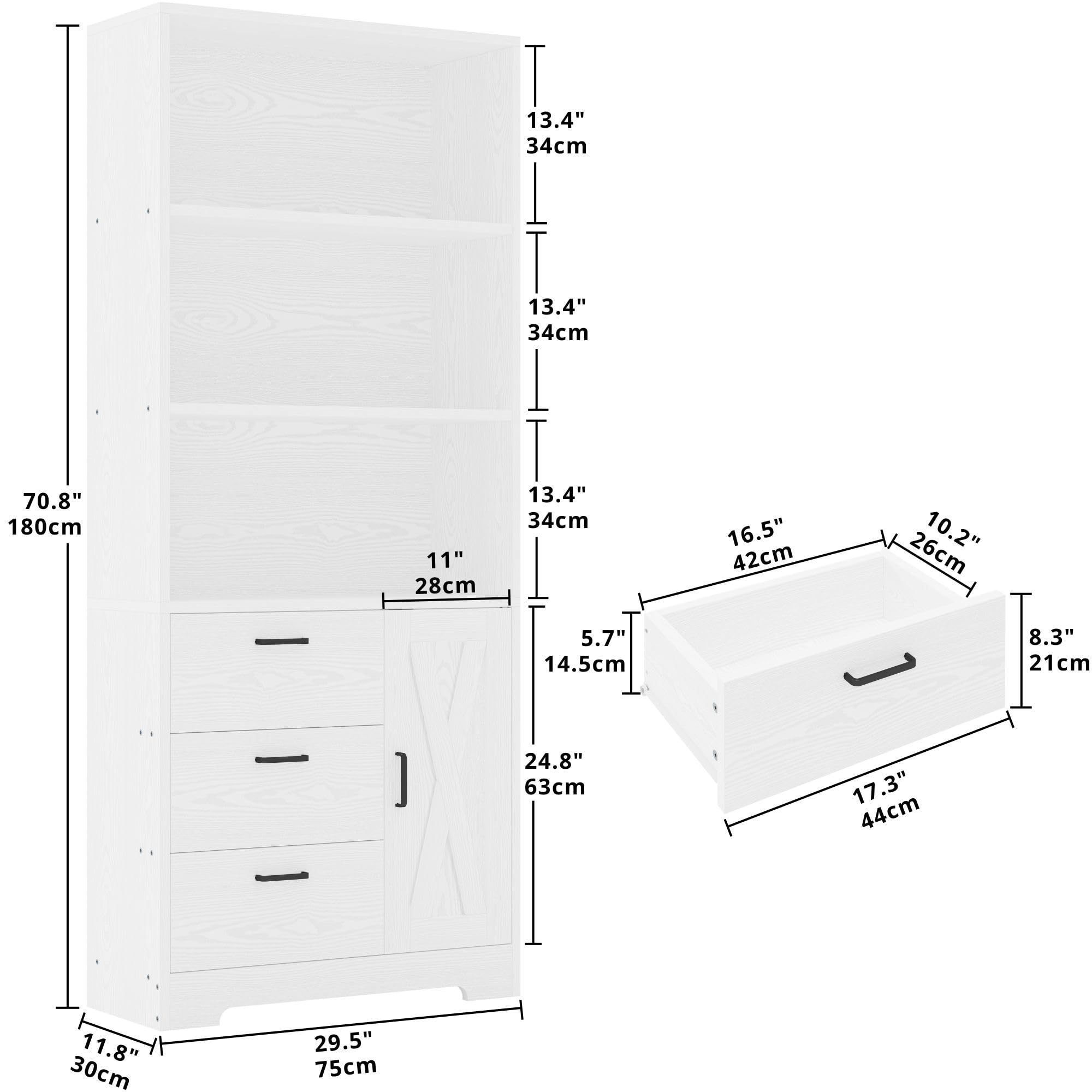 IRONCK Bookshelf with Door and 3 Drawers, 71in Tall Bookcase Shelf with 3-Tier Shelves, for Bedroom Living Room Entrance Hallway Home Office