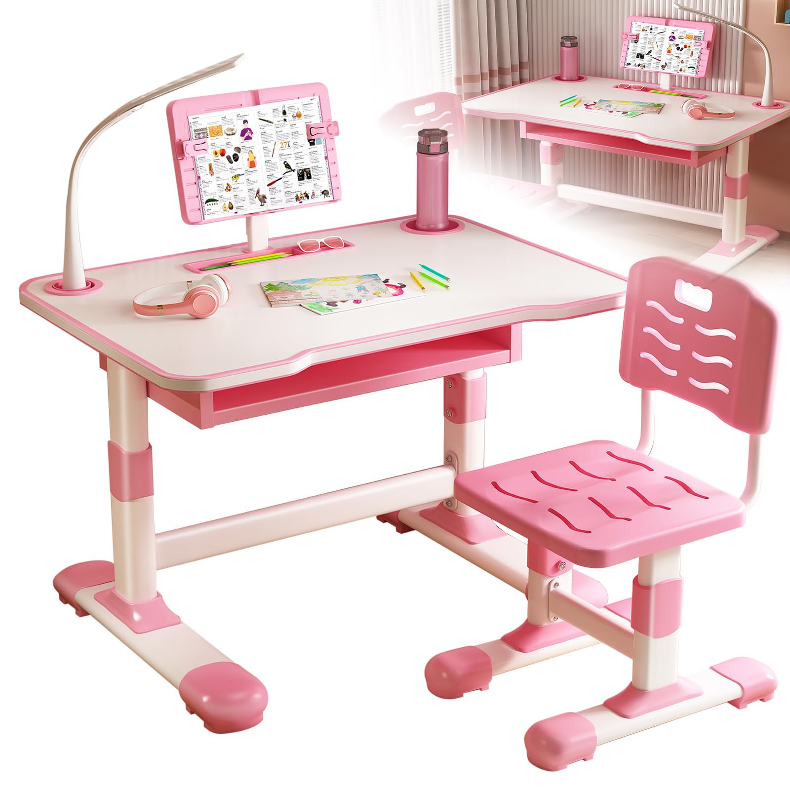 Cuteam Kids Study Desk Chair Set, Height Adjustable Toddlers Writing Table with Tiltable Reading Stand, Living Room Bedroom Children Learning Table with Extra Large Drawer (Pink)