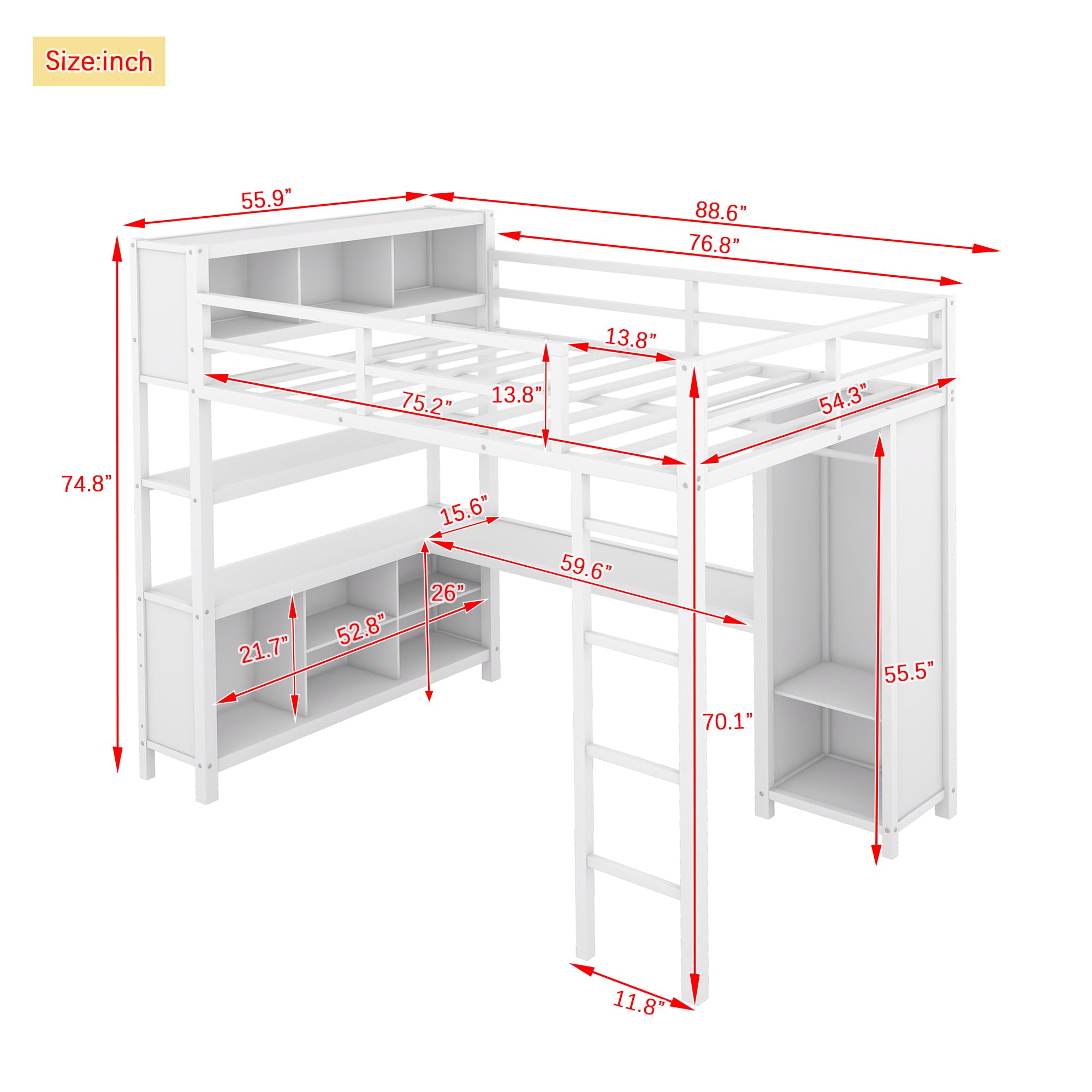 Linique Full Size Metal Loft Bed with L-Shape Desk, Wardrobe and Storage Shelves, Full Length Guardrail and Ladder, White