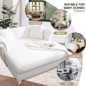 TINGMAMADEHUA Chesterfield Chaise Lounge Indoor, Tufted Upholstery Sofa Bed, with Two Pillows, Sleeper Chair 62.99in for Bedrooms & Living Rooms (White)