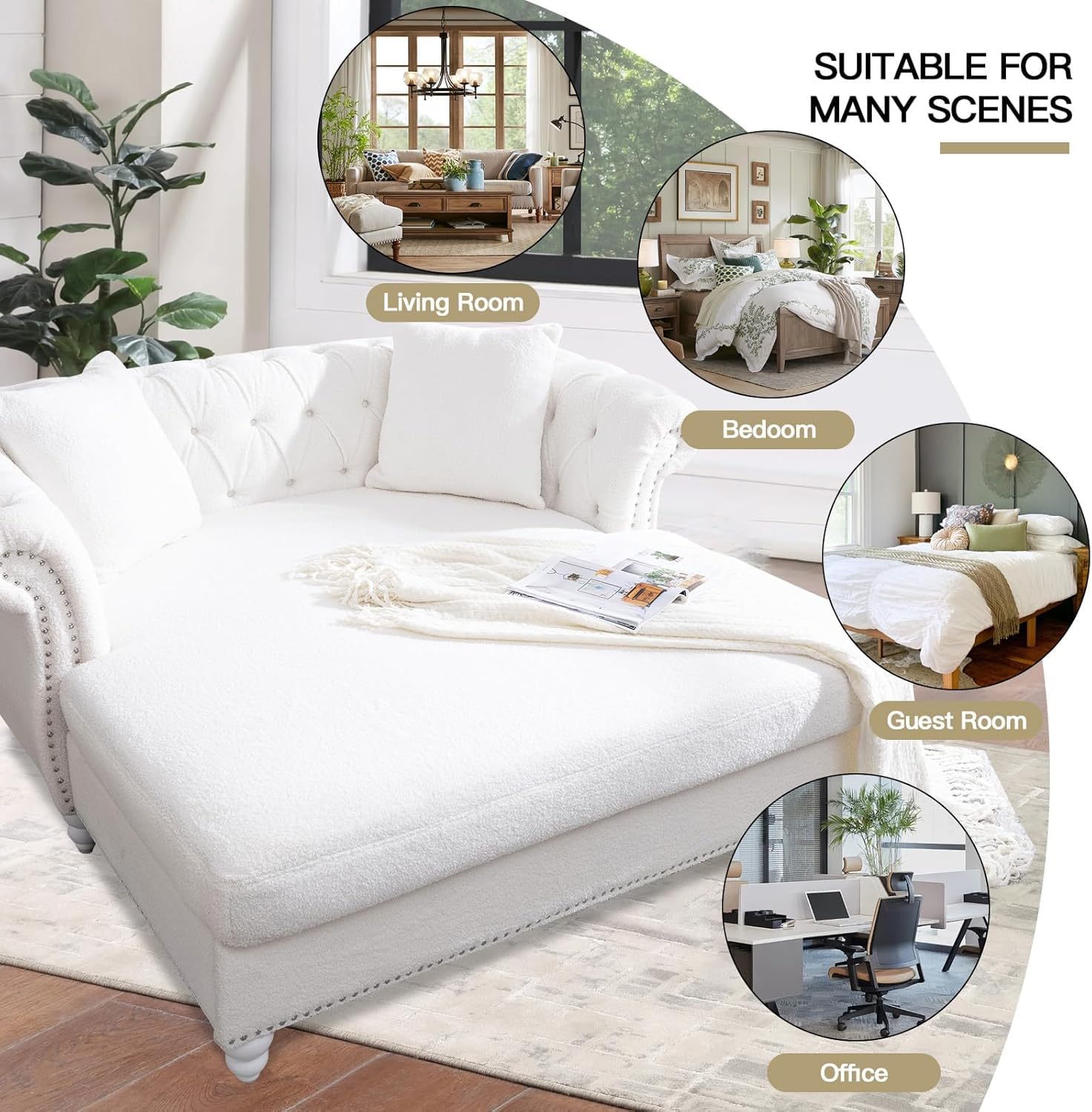 TINGMAMADEHUA Chesterfield Chaise Lounge Indoor, Tufted Upholstery Sofa Bed, with Two Pillows, Sleeper Chair 62.99in for Bedrooms & Living Rooms (White)