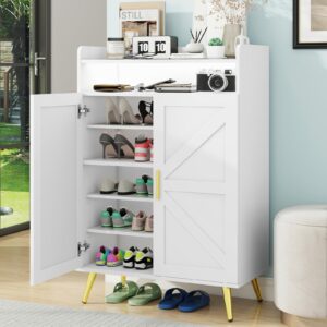 shoe storage cabinet with doors, 7-tier shoe cabinet for entryway with sensor led light, freestanding shoes storage organizer with adjustable shelves and open storage for hallway, living room, white