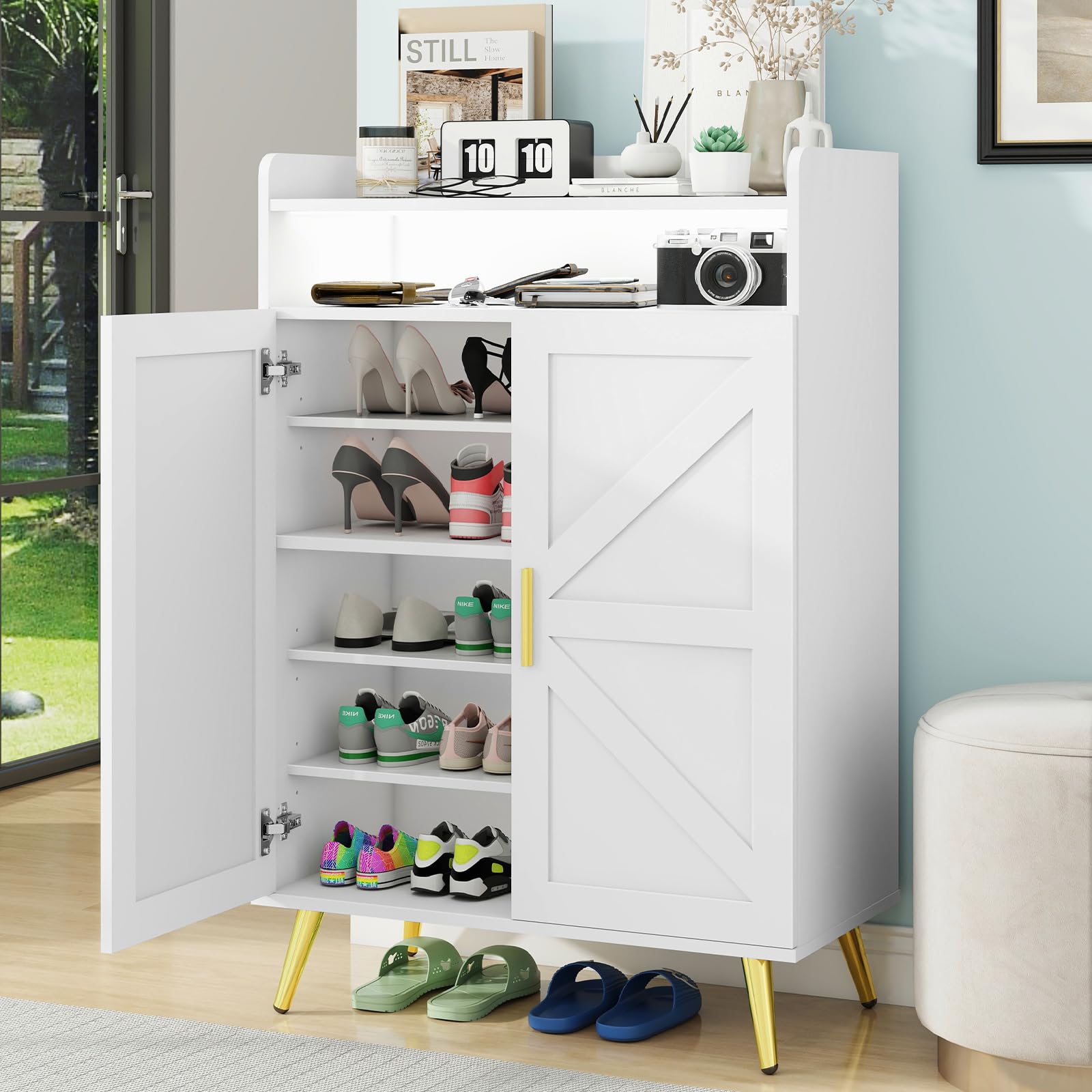 Shoe Storage Cabinet with Doors, 7-Tier Shoe Cabinet for Entryway with Sensor LED Light, Freestanding Shoes Storage Organizer with Adjustable Shelves and Open Storage for Hallway, Living Room, White