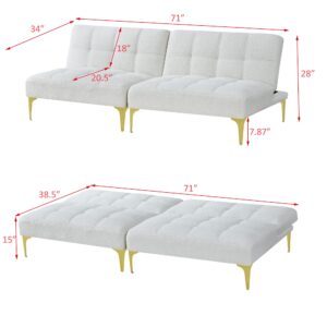 TZXTW Convertible Sofa Bed,Modern Couch Sleeper with Gold Metal Legs and Two Throw Pillows,Double Folding Futon Sofa,Loveseat,Small Couches for Small Spaces,Living Room,Bedroom,Apartment,Office,White