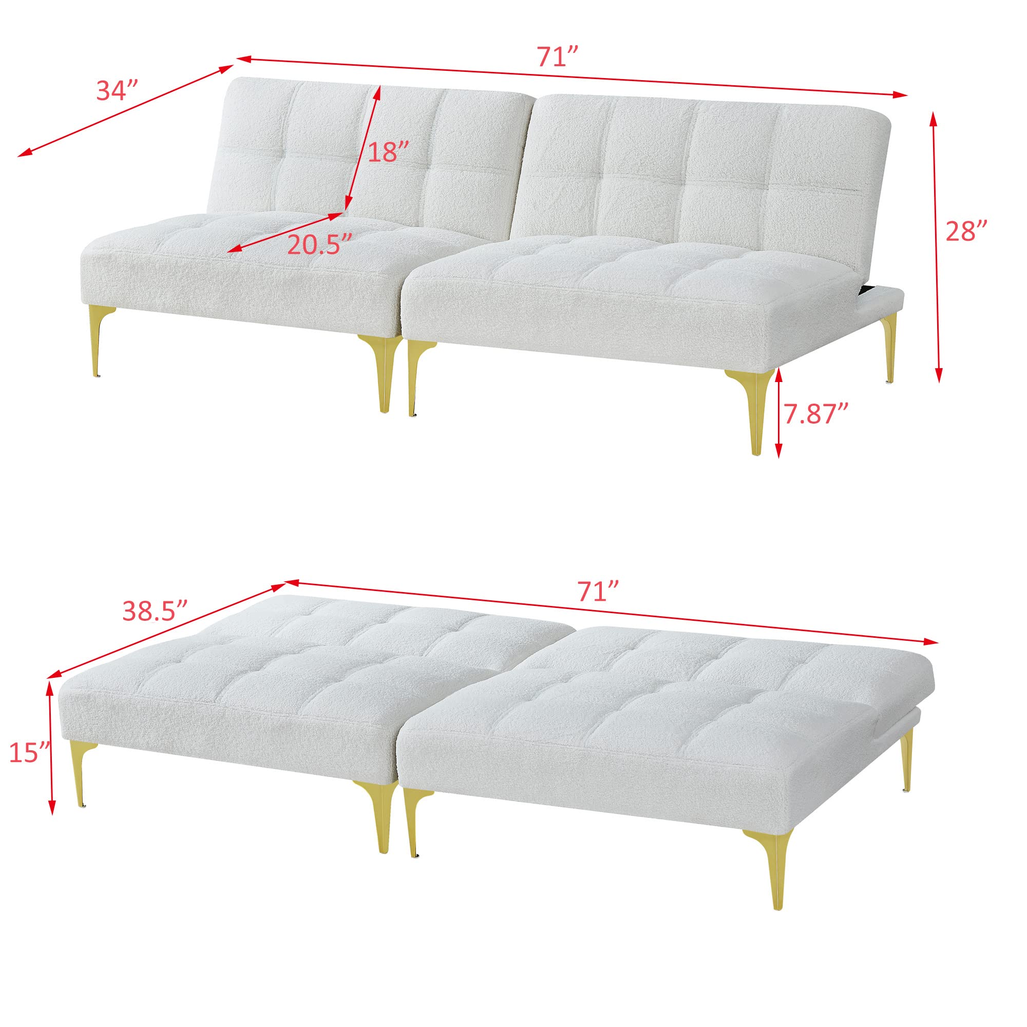 TZXTW Convertible Sofa Bed,Modern Couch Sleeper with Gold Metal Legs and Two Throw Pillows,Double Folding Futon Sofa,Loveseat,Small Couches for Small Spaces,Living Room,Bedroom,Apartment,Office,White