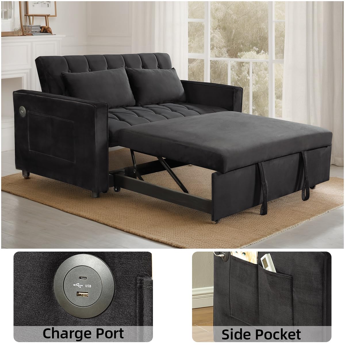 ZKJOLMN 3 in 1 Convertible Pull Out Couch Bed, Velvet Sleeper Sofa Couch with Pull Out Bed, Loveseat Sleeper with Adjustable Backrest, Pull Out Sofa Bed Sleeper for Living Room (Black)