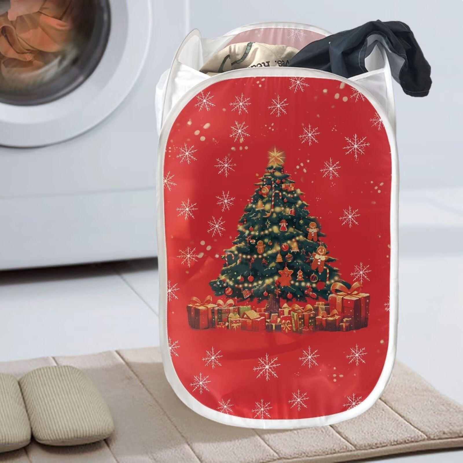 NRBEAWD Christmas Tree Red Pop Up Laundry Hamper Side Pocket - Practical Mesh Fabric - Collapsible Design - Clothes and Laundry - Home Organization