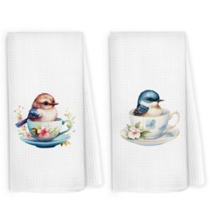 pugwak floral birds kitchen dish towels 16x24 inch set of 2, bird tea cup gift for bird lover, cute nature birds dish towels, flower decorative hand towels tea towels for kitchen home