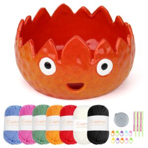 coopay flame yarn bowl for crocheting/knitting, cute yarn storage bowl with 7pcs yarn & accessories, large size ceramic yarn bowl 6in crochet knitting bowl for beginners, great knitting crochet gift