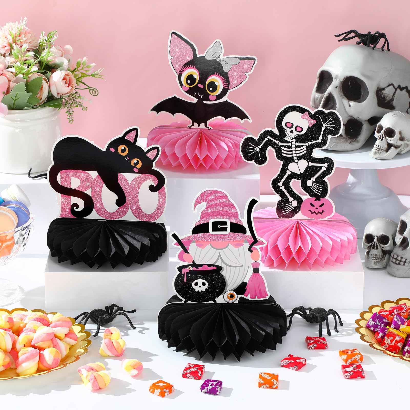 Containlol 12 Pcs Pink Halloween Baby Shower Decorations Halloween Honeycomb Centerpieces Pink Black Halloween Table Decor Halloween Birthday Table Toppers for Baby Shower Girls Party Table Decor