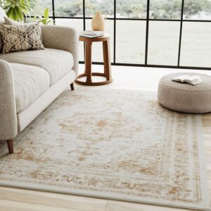 PureCozy Vintage Area Rug 8x10 Indoor Bedroom Rug Beige Medallion Washable Living Room Carpet Retro Accent Throw Rug Distressed Rug for Office Dining Room Nursery