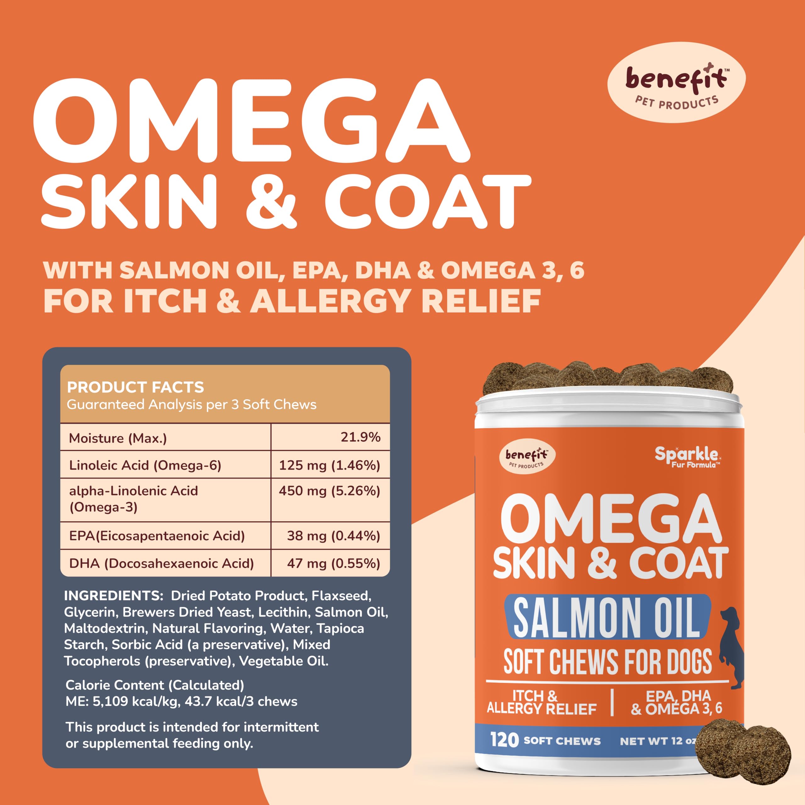 Omega 3 for Dogs - Skin & Coat Soft Chews for Dogs - Salmon Oil, EPA & DHA Fatty Acids - Itch Relief, Hot Spots, Shedding, Allergies & Hot Spot Relief - 120 Soft Chews, Made in USA