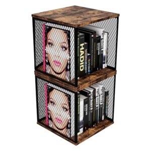 ksuefao 2 cube storage organizer, small bookshelves, diy variable stackable wooden & metal cubes shelves for desktop, bedroom, living room, black brown