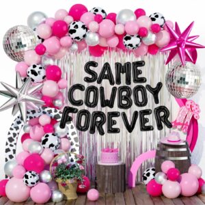 party inspo same cowboy forever bachelorette decorations, western disco cowgirl bachelorette party decorations, nashville bridal shower decorations fringe curtain balloon pink silver black